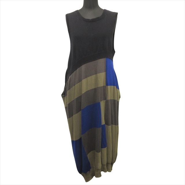 【中古】18ss ワイズ Y's アシンメトリー パッチワーク ニット ワンピース セーター ドレス ノースリーブ ロング