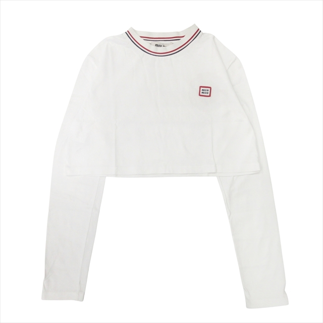 【中古】美品 22aw ミュウミュウ miumiu クロップド ロング Tシャツ カットソー 長袖 ロゴ ワッペン トリコロール S