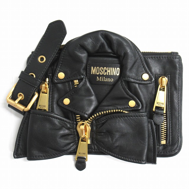 【中古】モスキーノ MOSCHINO レザー ライダース モチーフ クラッチ セカンド バッグ リボン ゴールド金具 ◆８