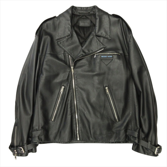 【中古】プラダ PRADA トライアングルパッチ ラムレザー ダブル ライダース ジャケット ブルゾン ロゴ 中綿 2018年製