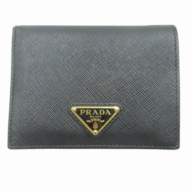 【中古】美品 プラダ PRADA 財布 二つ折り サフィアーノ レザー トライアングル ロゴ 三角ロゴプレート