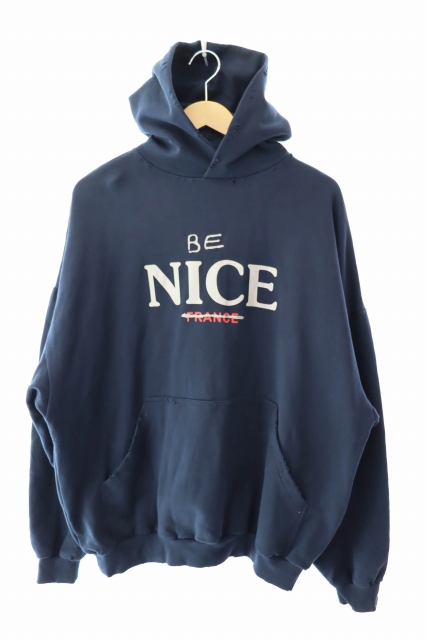 【中古】バレンシアガ BALENCIAGA 23AW BE NICE プリント ダメージ加工 プルオーバー パーカー 761458 L 黒 ブラック