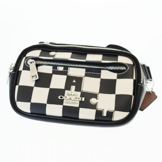 【中古】コーチ COACH レザー チェッカー ショルダー バッグ ブラック ホワイト☆AA★●▲250331