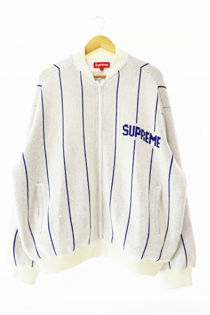 【中古】シュプリーム ピンストライプ バーシティー ジップアップ セーター L 白 ホワイト ☆AA★ 250602