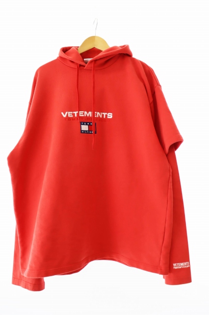 【中古】ヴェトモン ベトモン ×トミーヒルフィガー ロゴ レイヤード プルオーバー パーカー S 赤 レッド ☆AA★