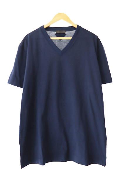 【中古】プラダ PRADA 2019年製 三角パッチ ロゴ Vネック 半袖 Tシャツ UJM493 XXXL 紺 ネイビー☆AA★250820 メンズ