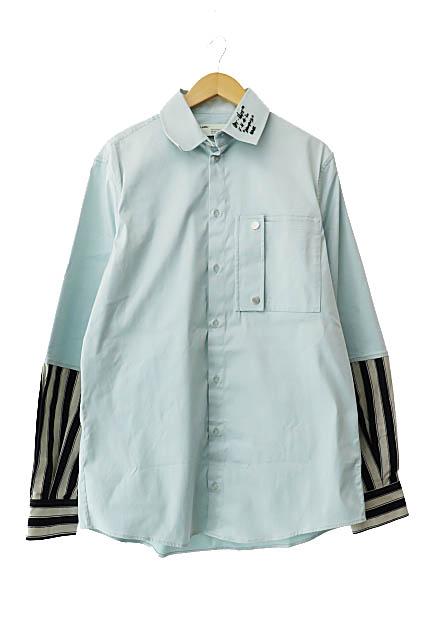【中古】オフホワイト OFF WHITE 19SS Double Shirt ロゴ 刺繍 ストライプ切替 ダブル 長袖 シャツ M 青☆AA★250820