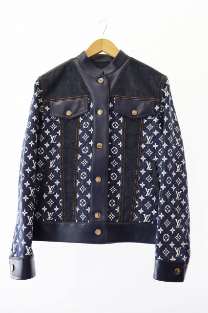 【中古】ルイヴィトン LOUIS VUITTON モノグラム レザー切替 デニム ジャケット 34 紺 ネイビー ☆AA★ 250907