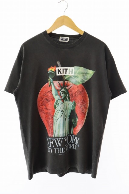 【中古】キスニューヨークシティ KITH NYC TO THE WORLD リバティ アップル ロゴ プリント 半袖Tシャツ S 黒 ブラック