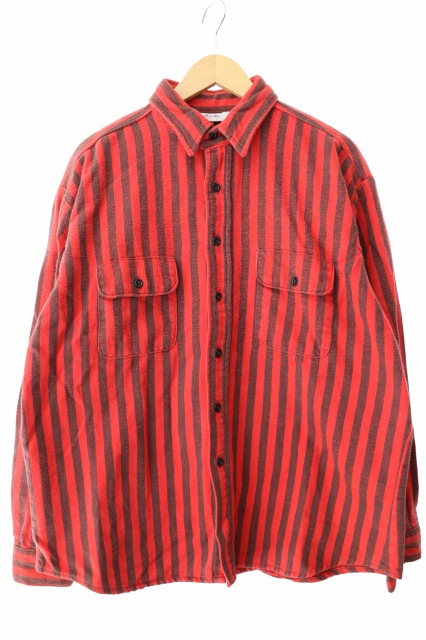 【中古】70s~80s DAKOTA FIVE BROTHERS ダコタ ファイブ ブラザーズ ストライプ ネルシャツ 長袖 XL 赤 黒●251213