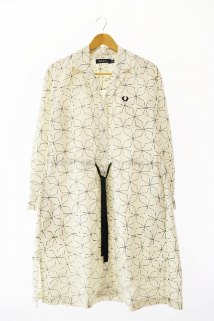 【中古】フレッドペリー FRED PERRY ジオメトリック プリント シャツ ドレス ワンピース 10 オフホワイト ● 250916