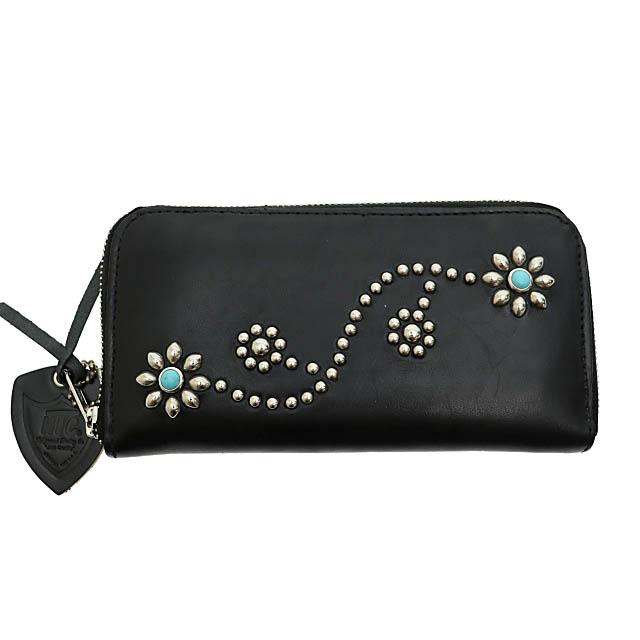 【中古】エイチティーシー HTC ZIPPER LARGE フラワー ターコイズ スタッズ ジッパー ウォレット長財布 125黒▲251022