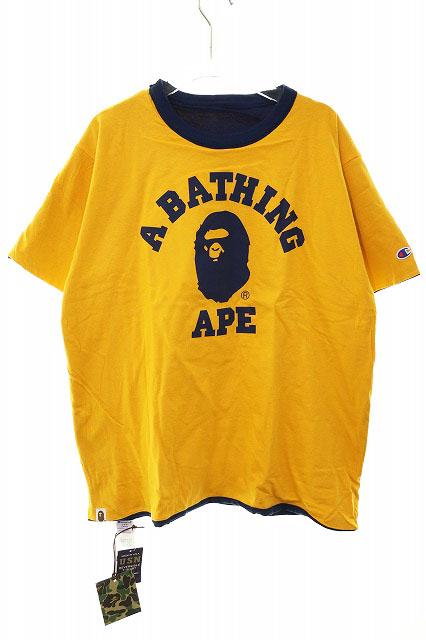 【中古】アベイシングエイプ A BATHING APE × CHAMPION REVERSIBLE BIG HEAD TEE YELLOW NAVY L USA製 ■250503