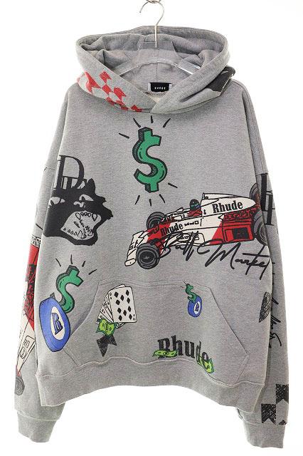 【中古】ルード RHUDE DOODLE HOODIE GREY L ドゥードゥル フーディ プルオーバー パーカー ロゴ グレー 251003