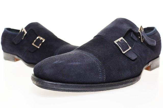 【中古】サントーニ SANTONI ダブルモンク ドレスシューズ サイズ9 17168 イタリア製 スエード ネイビー ●▲251020