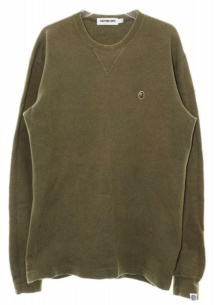 【中古】アベイシングエイプ A BATHING APE THERMAL LONG SLEEVE TEE KHAKI L サーマル ロング Tシャツ ロゴ ワッペン