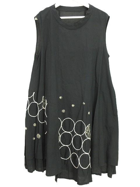 【中古】ジウ 慈雨 ロング ベスト チュニック 刺繍 40 黒 クリンクル 2022年 シワ加工 トップス センソユニコ