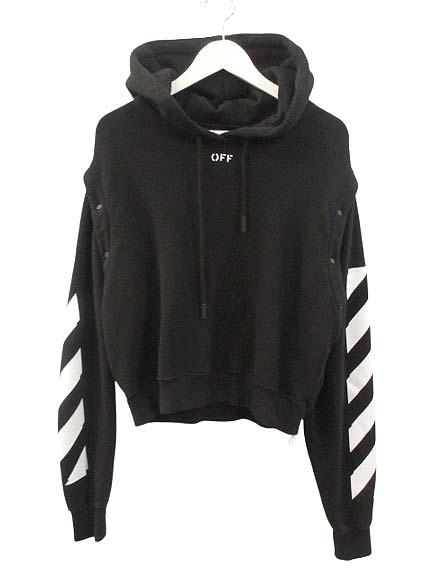 【中古】オフホワイト OFF WHITE DIAG HOODIE フーディ 2WAY 袖取り外し パーカー S ブラック プリント 長袖