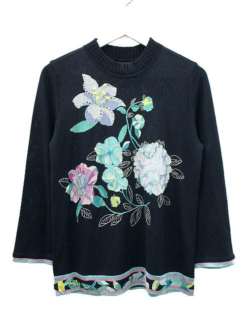 【中古】レオナール LEONARD ニット トップス ジャガード フラワー 40 ネイビー 長袖 トップス レディース