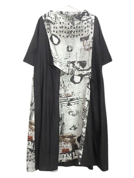 【中古】センソユニコ 芽風 ワンピース 変形 切替 プリント 38 グレー 2023SS 半袖 レディース