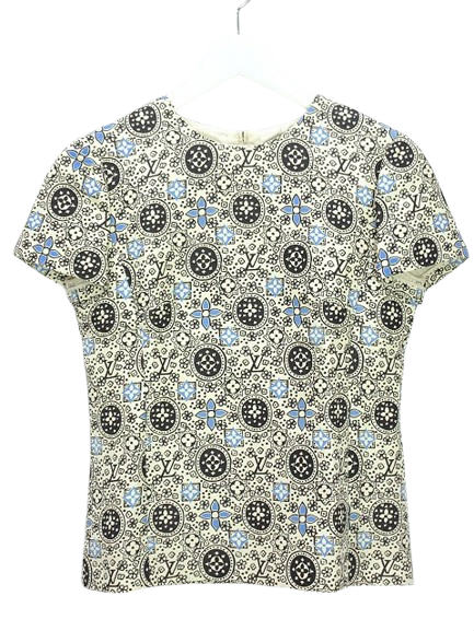 【中古】ルイヴィトン LOUIS VUITTON プリント トップス ブラウス 34 ウール シルク アイボリー 半袖 レディース