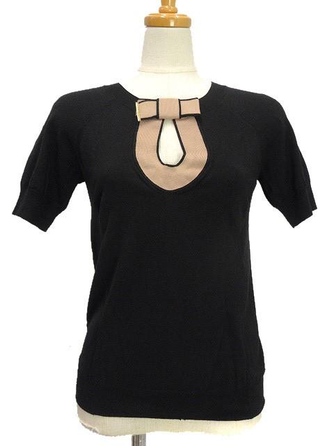 【中古】ルイヴィトン LOUIS VUITTON リボン ニット トップス XS ブラック 黒 ウール 半袖 カットソー レディース