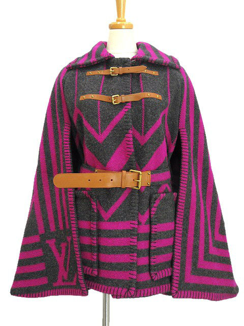 【中古】ルイヴィトン LOUIS VUITTON ウール カシミヤ ケープ コート ポンチョ 38 グレー ピンク ベルト付き アウター