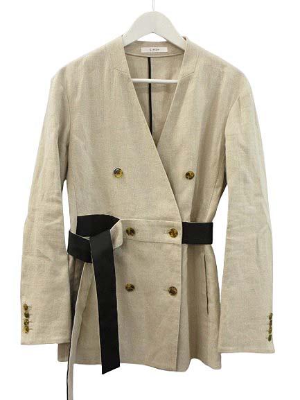 【中古】チノ CINOH ノーカラーダブルジャケット 20SJK007 リネン 麻 38 アイボリー系 長袖 アウター レディース