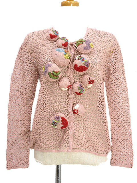 【中古】ワンダフルワールド WONDERFUL WORLD カネコイサオ カーディガン 和柄 モチーフ付き 透かし編み ピンク