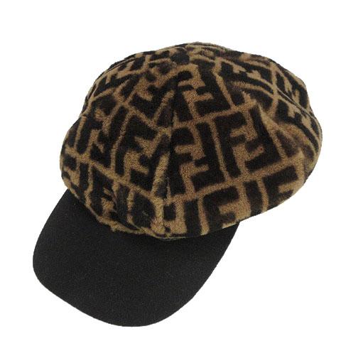 【中古】フェンディ FENDI シアリング ムートン キャスケット キャップ S 57.0cm ダブルF ズッカ ブラウン 茶 帽子