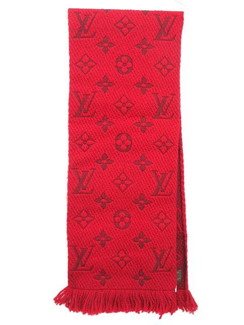 【中古】ルイヴィトン LOUIS VUITTON エシャルプ ロゴマニア マフラー モノグラム ルビー レッド 赤 ウール シルク