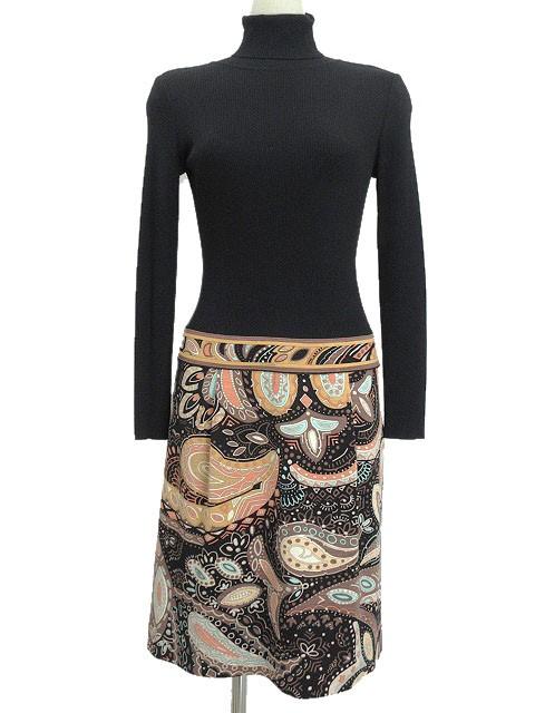 【中古】レオナール LEONARD ワンピース ニット 切替 タートルネック 1 ブラック 黒 ブラウン系 プリント 長袖 ウール