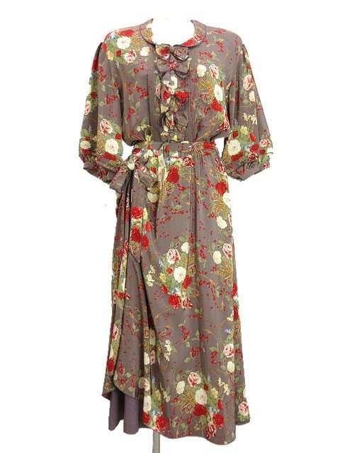 【中古】カネコイサオ KANEKO ISAO ワンピース たくし上げ リボン ブーケ プリント グレージュ系 ベルト付き 金子功