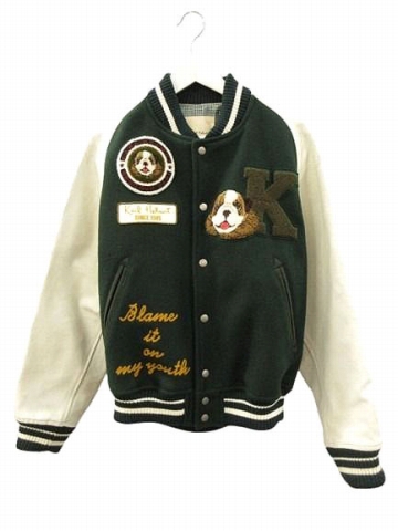 【中古】カールヘルム Karl Helmut スタジャン アワードジャケット 袖レザー ドッグ ワッペン ヴィンテージ グリーン M メンズ