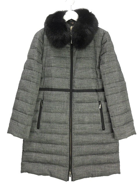 【中古】ダックス DAKS ツイード ダウンコート フォックスファー付き 40 グレー系 アウター 上着 レディース