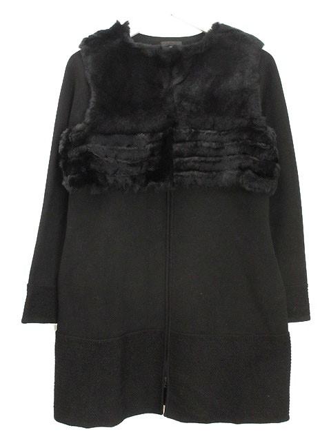 【中古】TO BE CHIC レッキスファー ジレ付き ジップアップ ニット ロングカーディガン 40 黒 ベスト アンサンブル