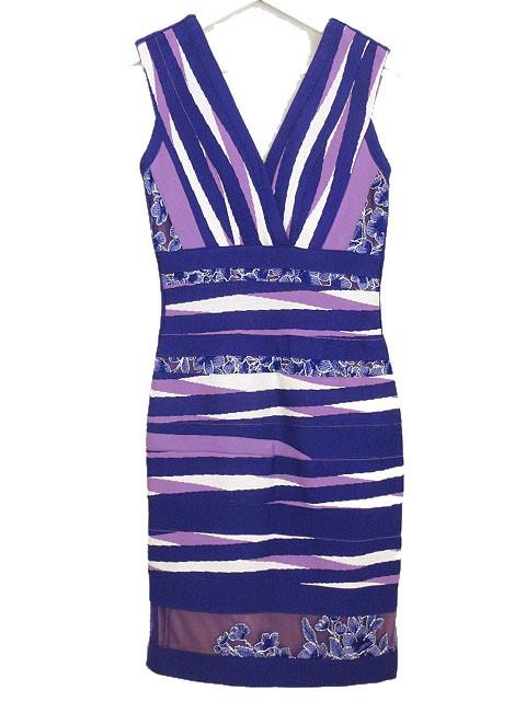 【中古】タダシショージ TADASHI SHOJI ノースリーブ ニット ワンピース 刺繍 S パープル 紫 ドレス レディース