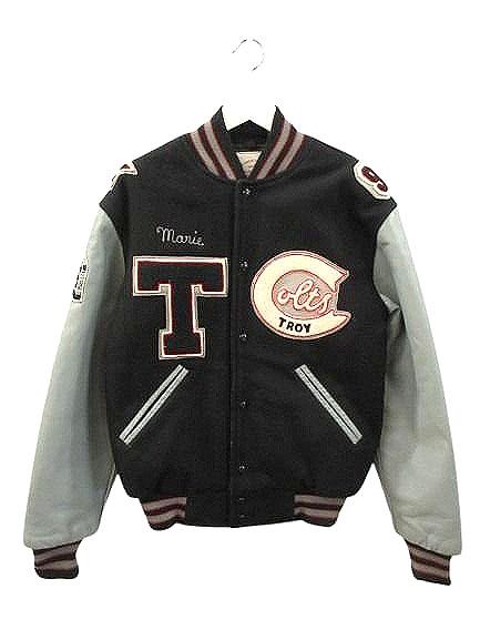 【中古】T&M SPORTSWEAR INC スタジャン 袖レザー USA製 S ブラック グレー アウター メンズ