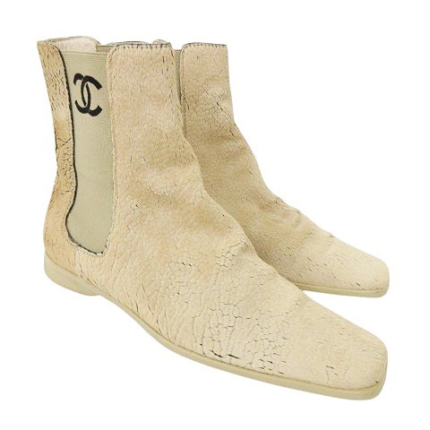 【中古】シャネル CHANEL ココマーク サイドゴアブーツ ハラコ スクエアトゥ フラット イタリア製 38 ベージュ
