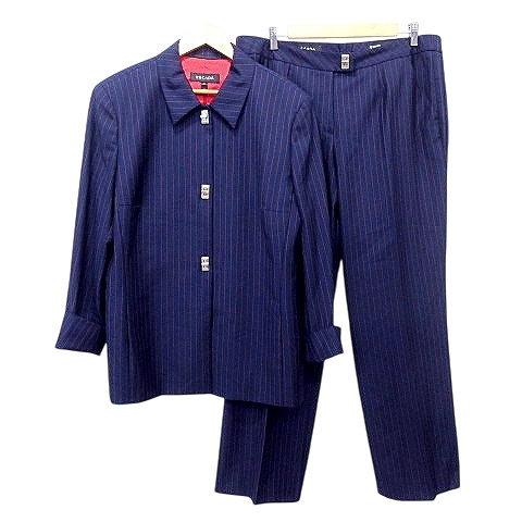 【中古】エスカーダ 美品 パンツスーツ セットアップ ピンストライプ 総裏地 44 XXL相当 大きいサイズ 紺 ネイビー