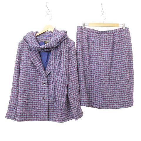 【中古】アニオナ AGNONA スーツ セットアップ ストール 3点セット パイル地 大きいサイズ 紫 パープル レディース