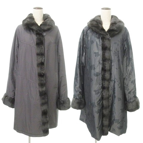 【中古】ロロ LOLO リバーシブル ファーコート ロシアリス シルク 44 約XLサイズ チャコール ■GY09