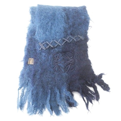 【中古】ロエベ LOEWE 美品 モヘア混 マフラー アナグラム シャギー グラデーションカラー 青 ブルー