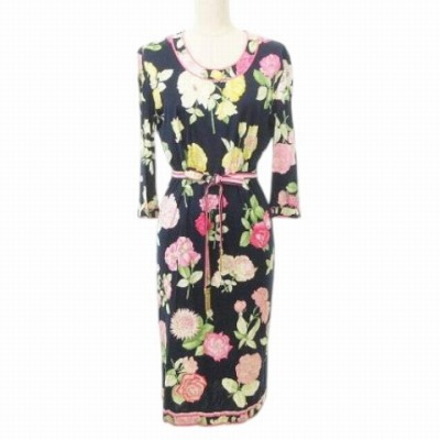 【中古】レオナール LEONARD 美品 花柄 七分袖 ワンピース ウエストリボン バックファスナー 日本製 Lサイズ ネイビー