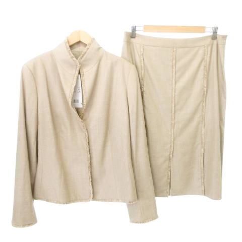 【中古】未使用品 エスカーダ タグ付き スカート スーツ フリンジ スリット ウール混 44 約L ベージュ レディース