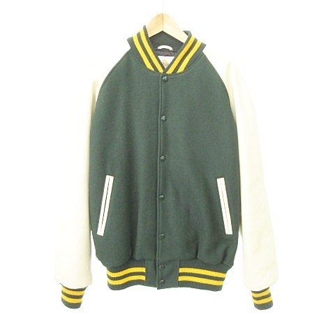 【中古】ゴールデンベア 2010年 ヴァーシティ ジャケット スタジャン カウレザーアーム 牛革袖 USA製 L 緑 グリーン