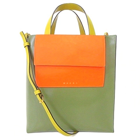 【中古】マルニ MARNI LV639 MUSEO 2WAY トート ショルダーバッグ レザー グリーン オレンジ イエロー
