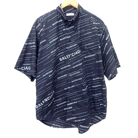 【中古】バレンシアガ 国内正規 総柄 ロゴ ボタンダウン シャツ 半袖 556242 36 黒 ブラック ☆AA★ A0912