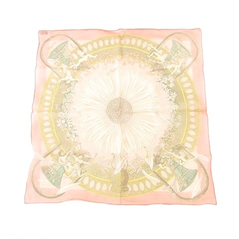 【中古】エルメス HERMES 美品 カレ45  Je T'aime passionnement un peu ひまわり スカーフ ピンク ORG ☆AA★