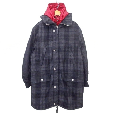 【中古】アルマーニエクスチェンジ 国内正規 美品 チェック 中綿 コート ダブルフード 異素材 USA L チャコールグレー